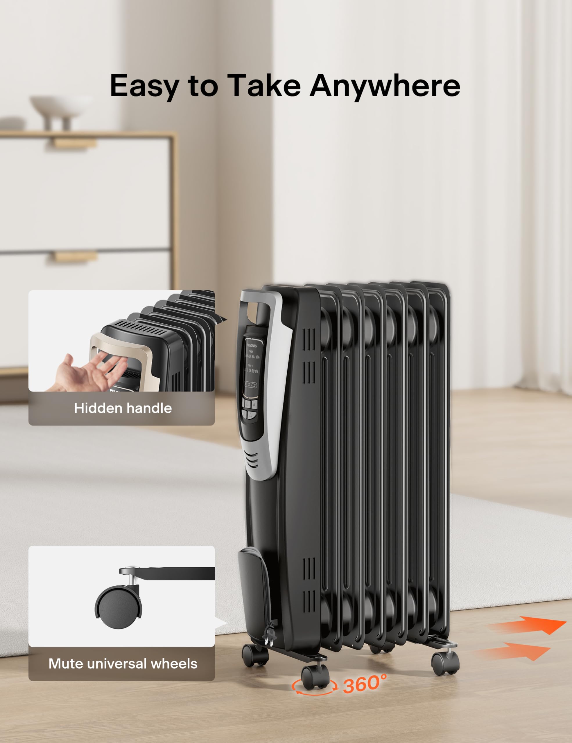 PELONIS Radiator Heater for indoor use Large Room with Remote, Thermostat & LED Display, Quiet Oil Filled Heater with 5 Temperature Settings, Overheat & Tip-Over Protection, Silver