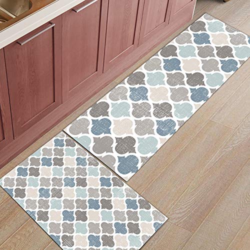 Houseown Kitchen Rugs and Mats 2 Pcs Set, Boho Moroccan Blue Grey Geometric Plaid Microfiber Kitchen Mat Non-Slip Washable Home Decor for Kitchen Floor Home Office Laundry