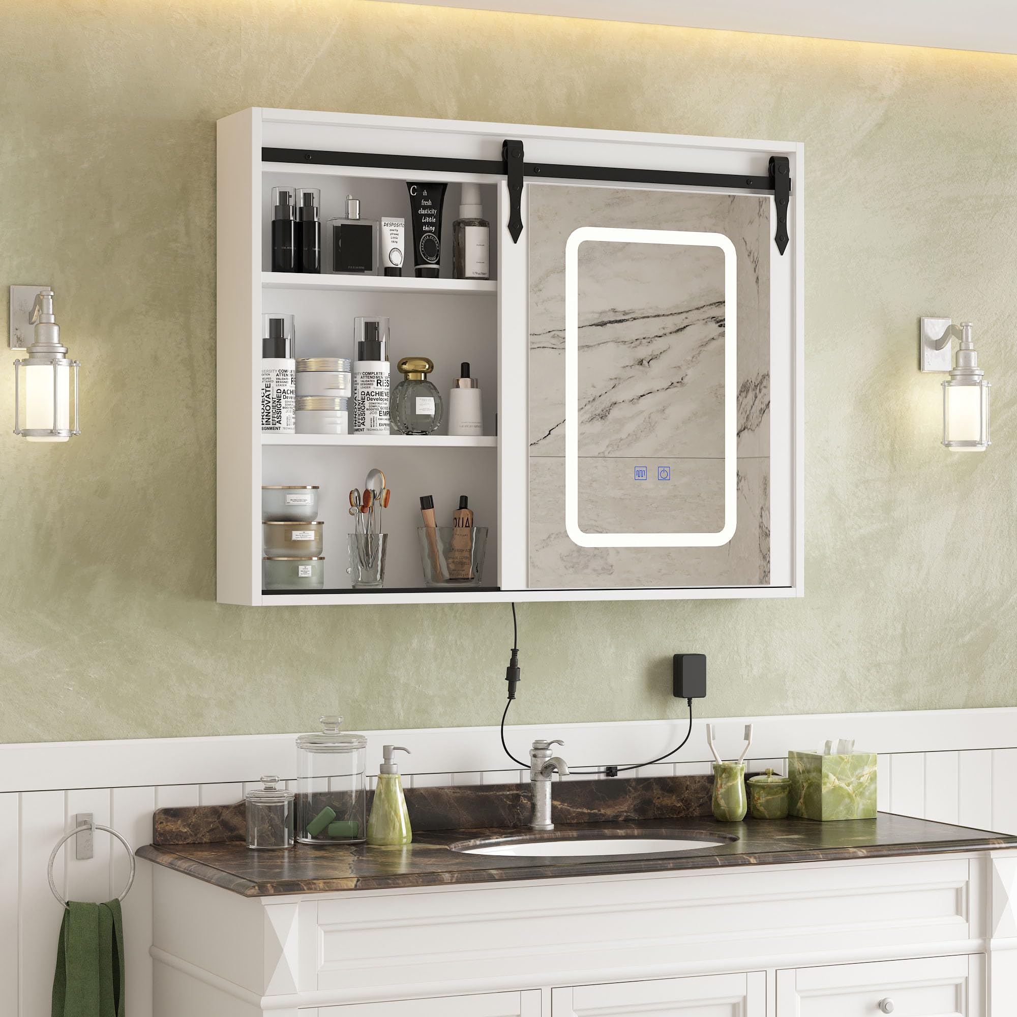 Lovinouse Medicine Cabinet for Bathroom with Mirror Sliding Door & LED Lights, Large Rectangle Wall Mounted Storage Cabinet w/Glass Doors, Shelves & Anti-Fog Function, 35.4 X 27.6 Inch, White