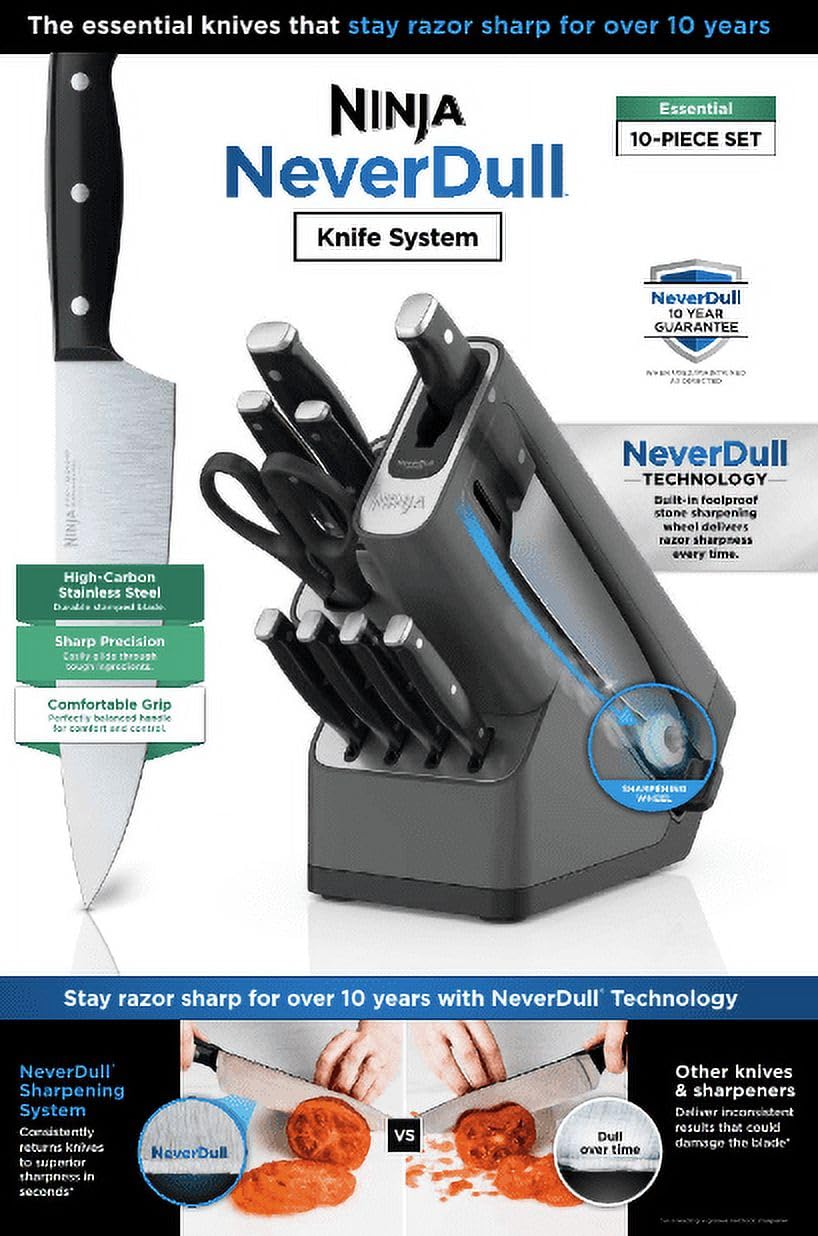 Ninja Foodi NeverDull 10-Piece Essential Knife System with Sharpener, Stainless Steel, Compact (K12010)