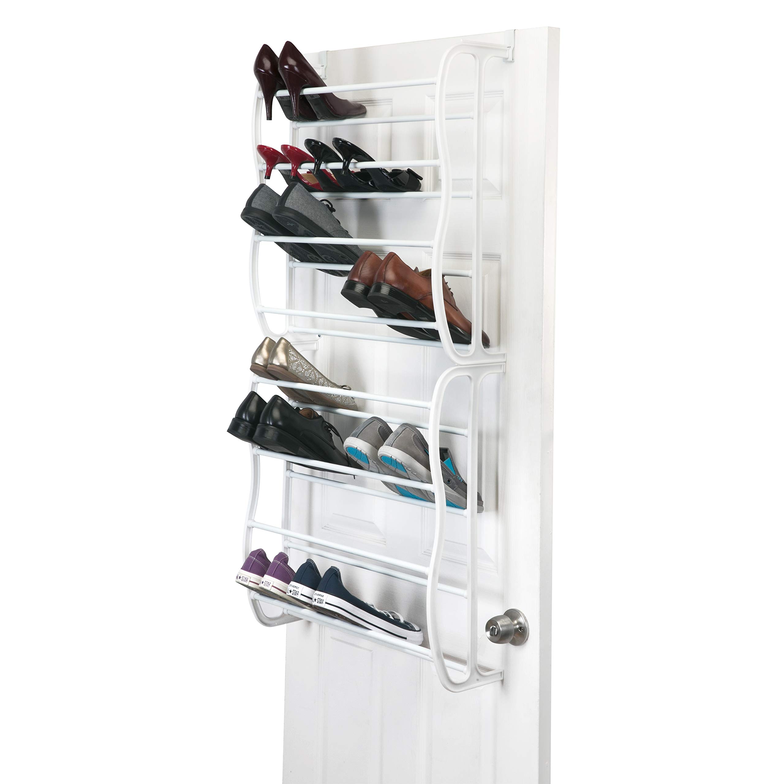 Simplify 36 Pair Adjustable Hanging Over the Door Shoe Rack, 12 Tier, in White