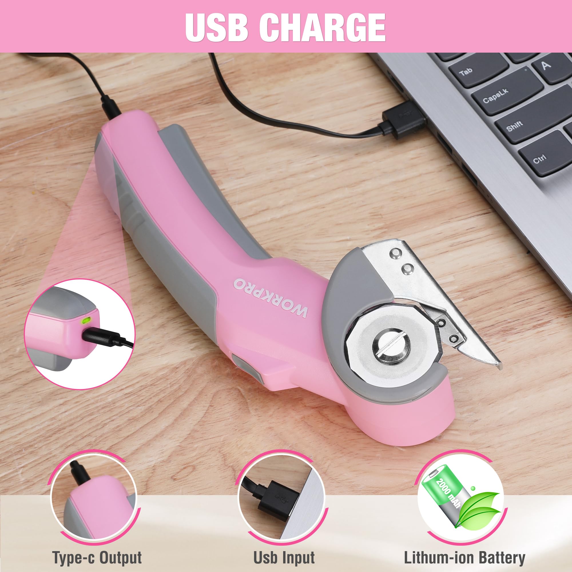WORKPRO Cordless Electric Scissors, 4V Rotary Cutter for Cardboard Carpet Leather Plastic, 2000mAh Rechargeable Powerful shears with Storage Case