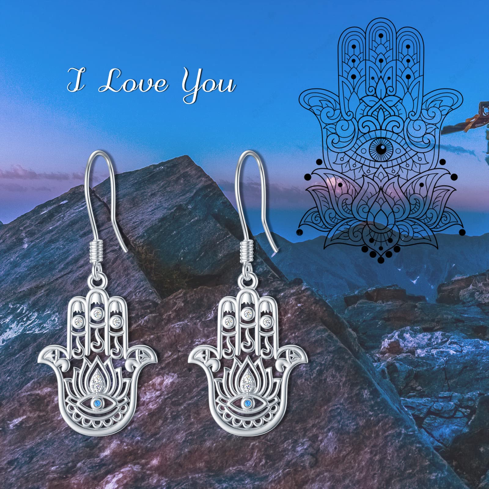Hamsa Earrings 925 Sterling Silver Fatima Evil Eye Hamsa Hand Dangle Earring