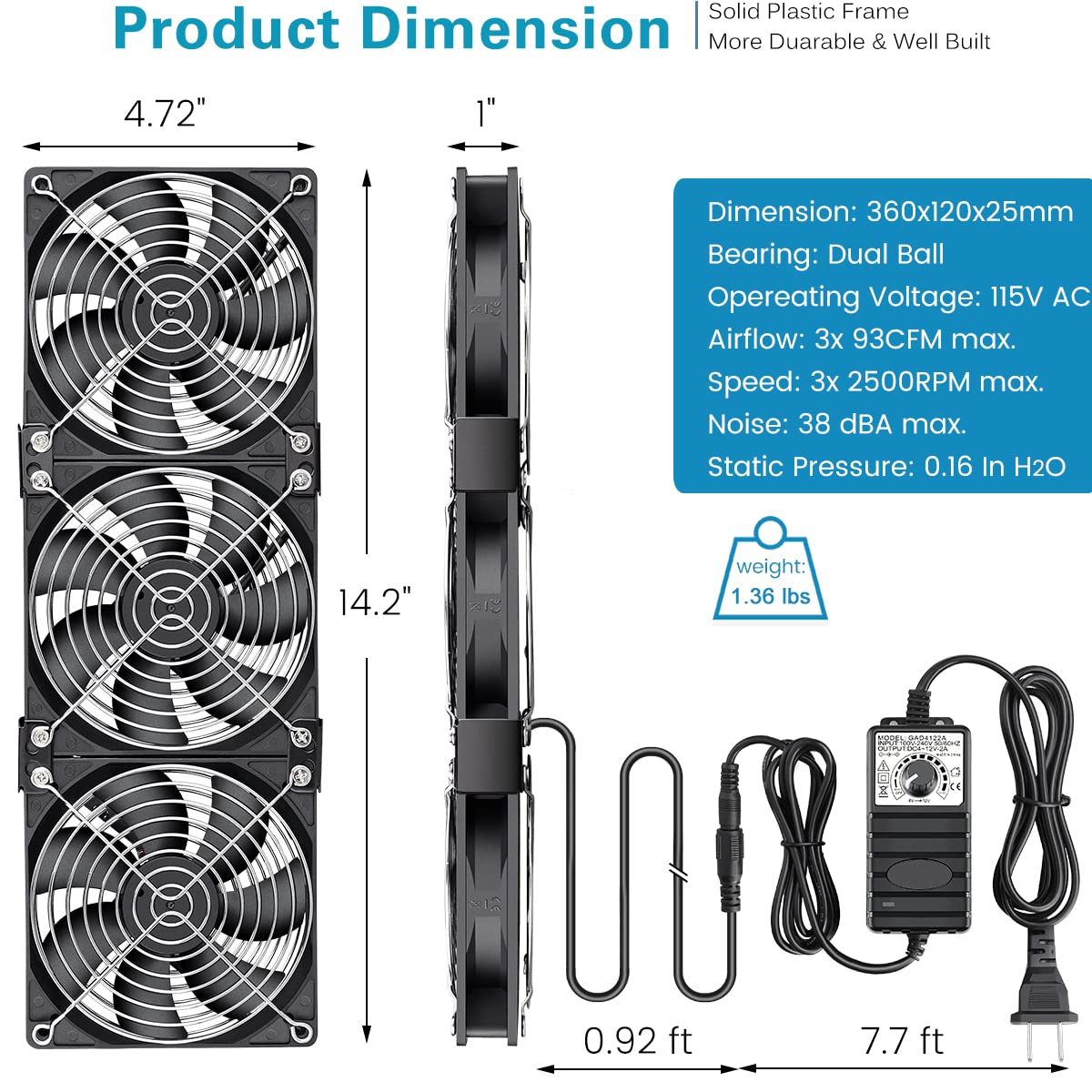 GDSTIME Big Airflow 3 x 120mm Fans DC 12V Powered Fan with AC 110V - 240V Speed Control, Cabinet Chassis Cooling Fan, Server Workstation Cooling Fan