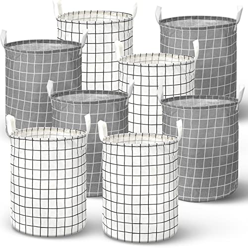 Nuogo 8 Pieces Freestanding Laundry Basket Round Collapsible Organizer Basket Cotton Linen Washable Laundry Hamper Waterproof Laundry Room Organization Large Storage Bins for Kids Toy Room Nursery