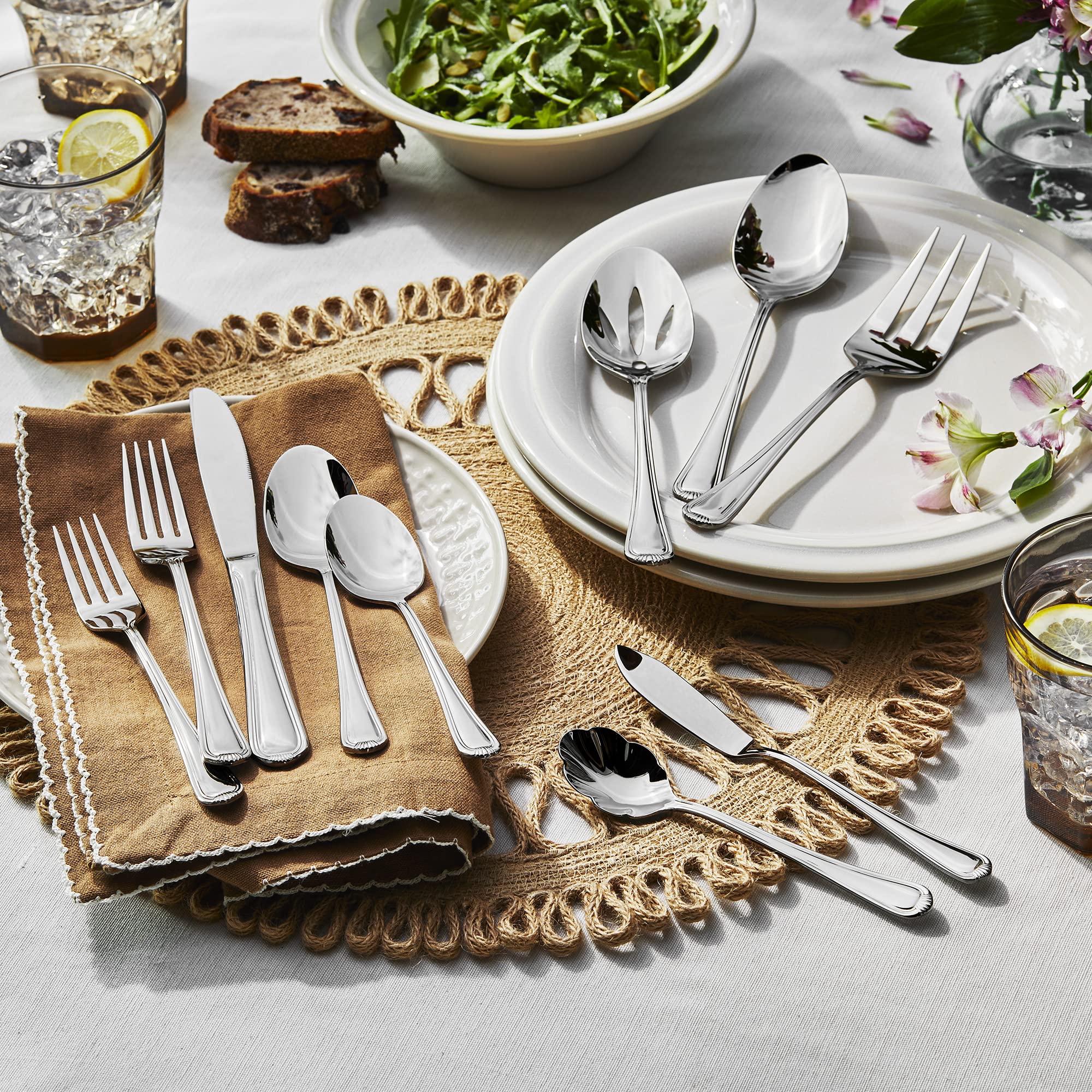 HENCKELS Alcea Flatware Set, 65-Piece, Silver & Steak Knife Set of 8, Stainless Steel Knife Set, Silver