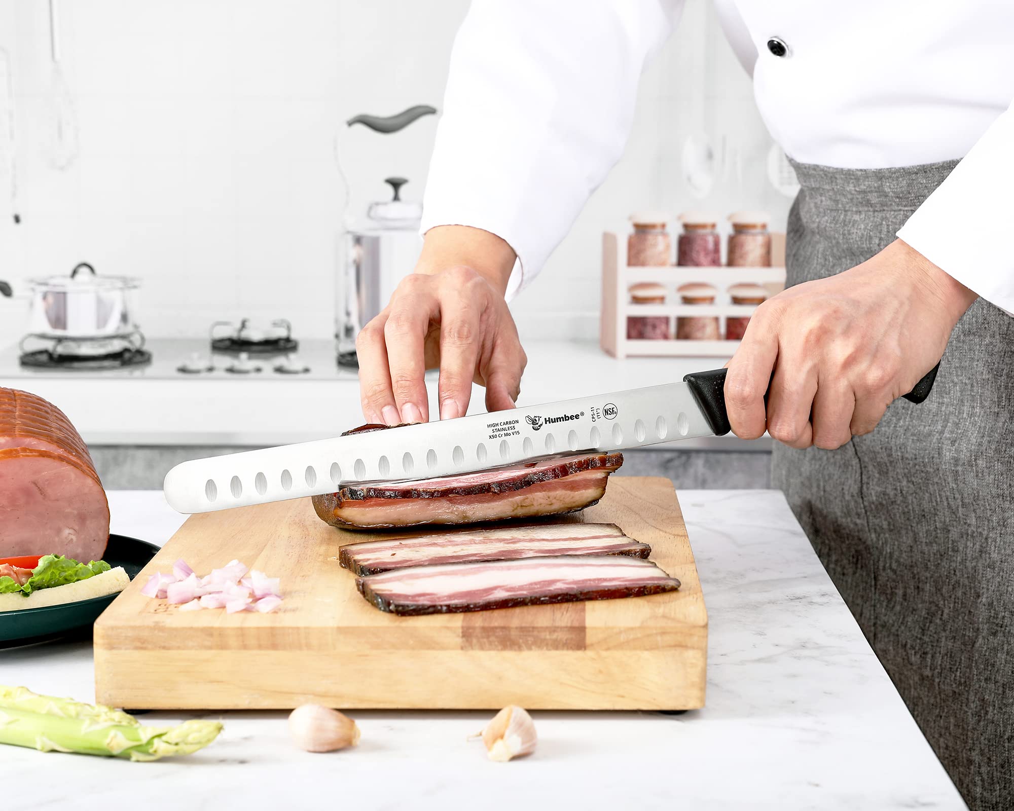 HUMBEE Chef 11-Inch Carving Knife with Granton Edge for Turkey Ham Meat Slicing and cutting NSF Certified CP5-11 Black