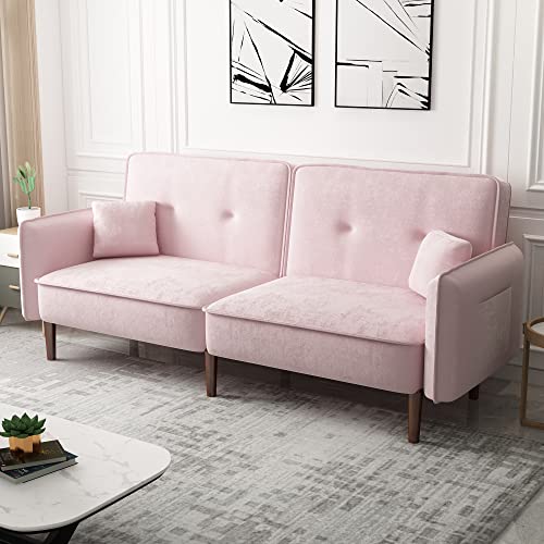 Sofa Bed, HABITTRIO 75" Modern Pink Fabric Upholstered 3-Seater Sleeper Couch with Adjustable Splict-Back Design, 2 Side Pockets, 2 Toss Pillows, Fit for Small Living Room, Apartment