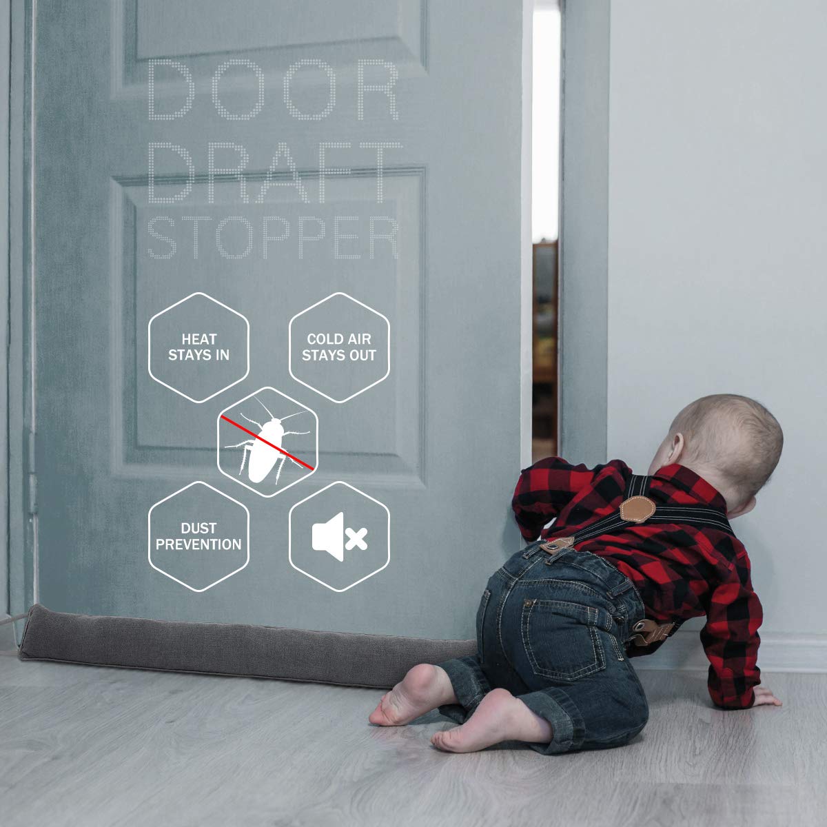 Tuffen Door Draft Stopper 37β, Weighted Under Door Noise Air Blocker, Heavy Duty Sound Proof Draft Guard Door Gap Blocker with Hook Tape for Doors and Windows, 2.3lbs (Grey)