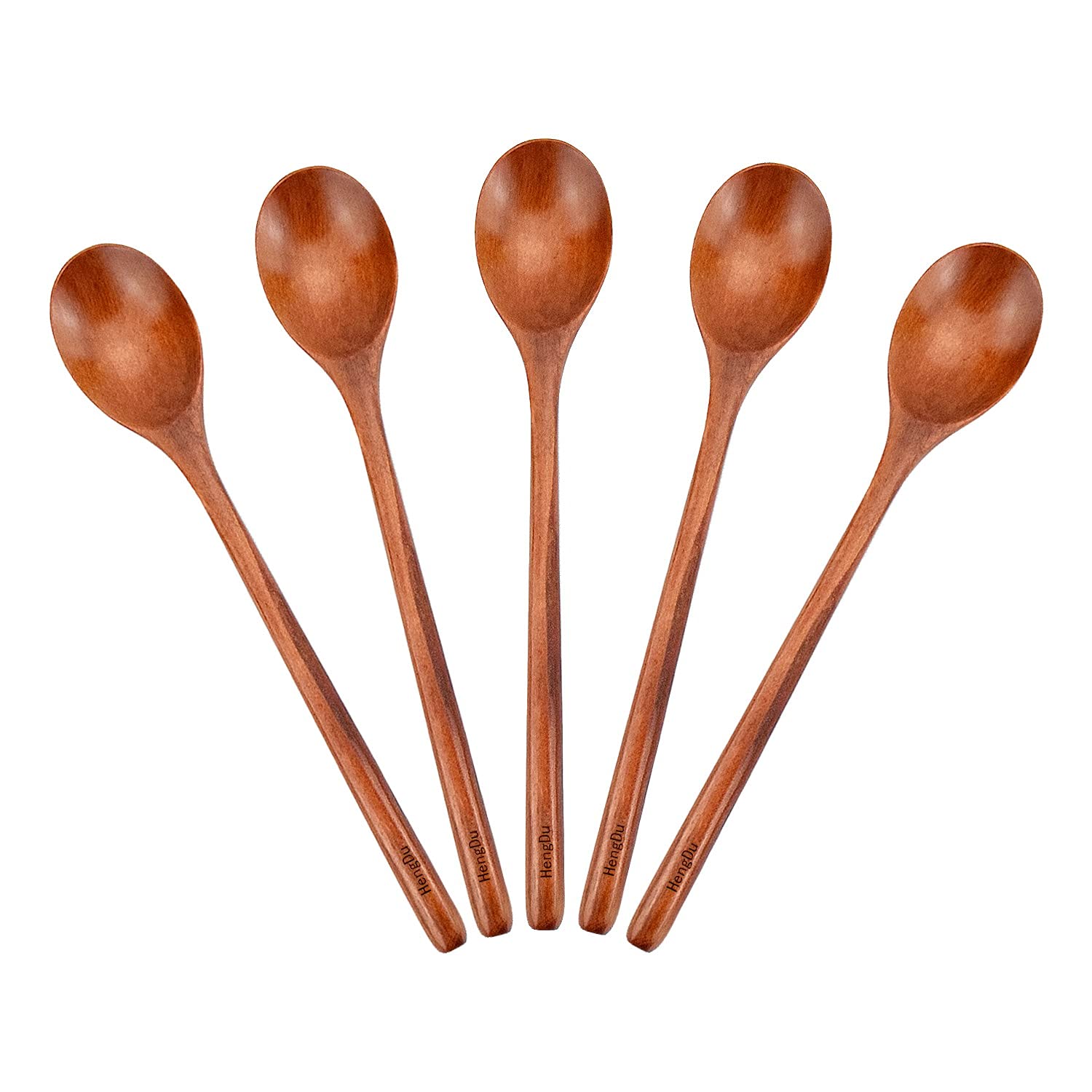 HengDu Wooden Spoons for Eatingļ¼9.06 inch Japanese Korean Log Unspliced Dinner Spoon Set of 5