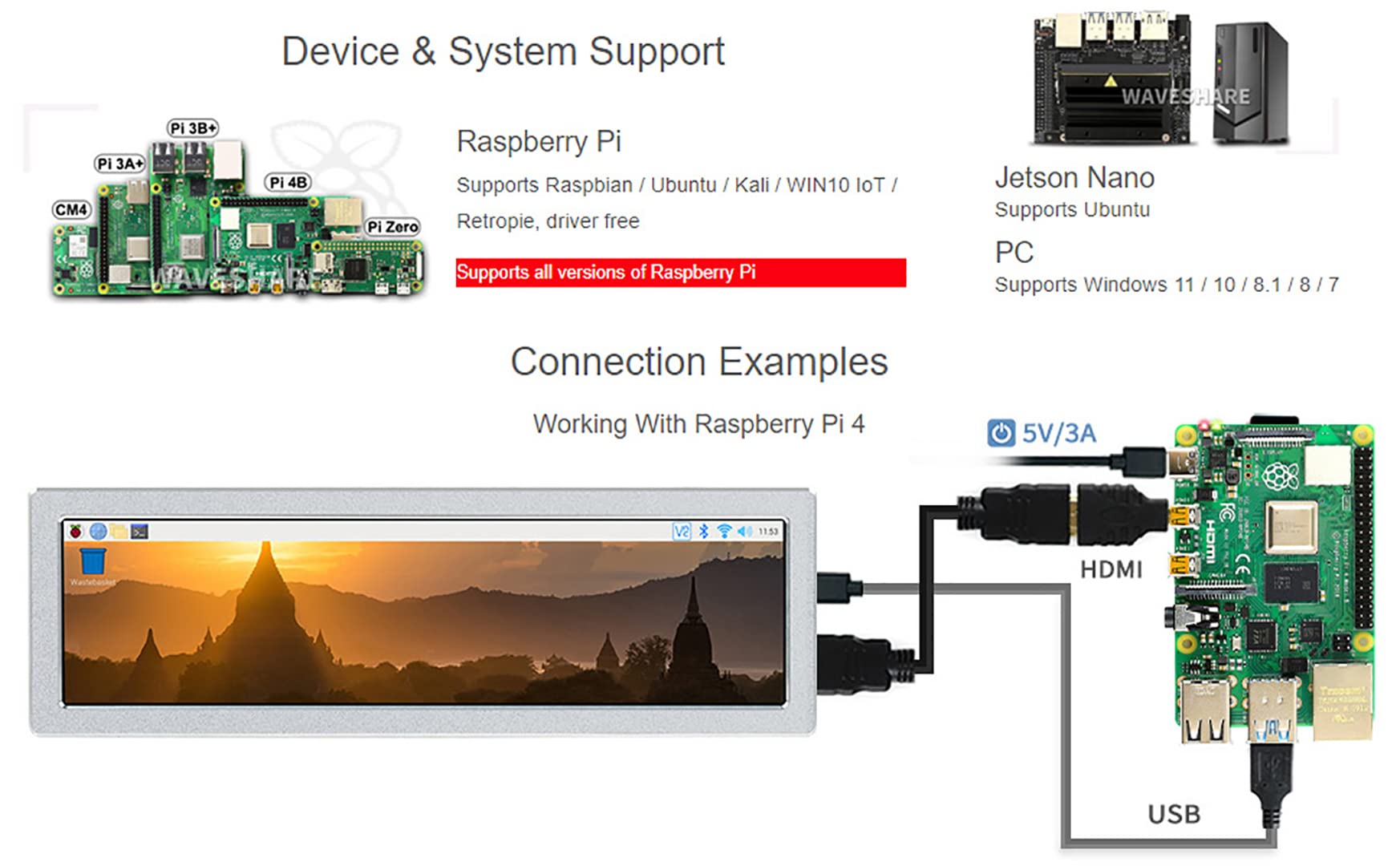 waveshare 8.8inch 480x1920 IPS Side Monitor No Touch for Raspberry Pi/Jetson Nano/PC Windows 11/10 / 8.1/8 / 7, Built-in HiFi Speaker, with CNC Process Alloy Enclosure
