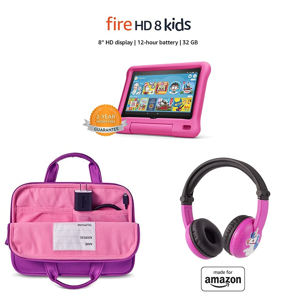Fire HD 8 Kids Essential Bundle including Kids Fire HD 8 Tablet 32GB Pink + Playtime Bluetooth Headset + Tablet Carrying Sleeve