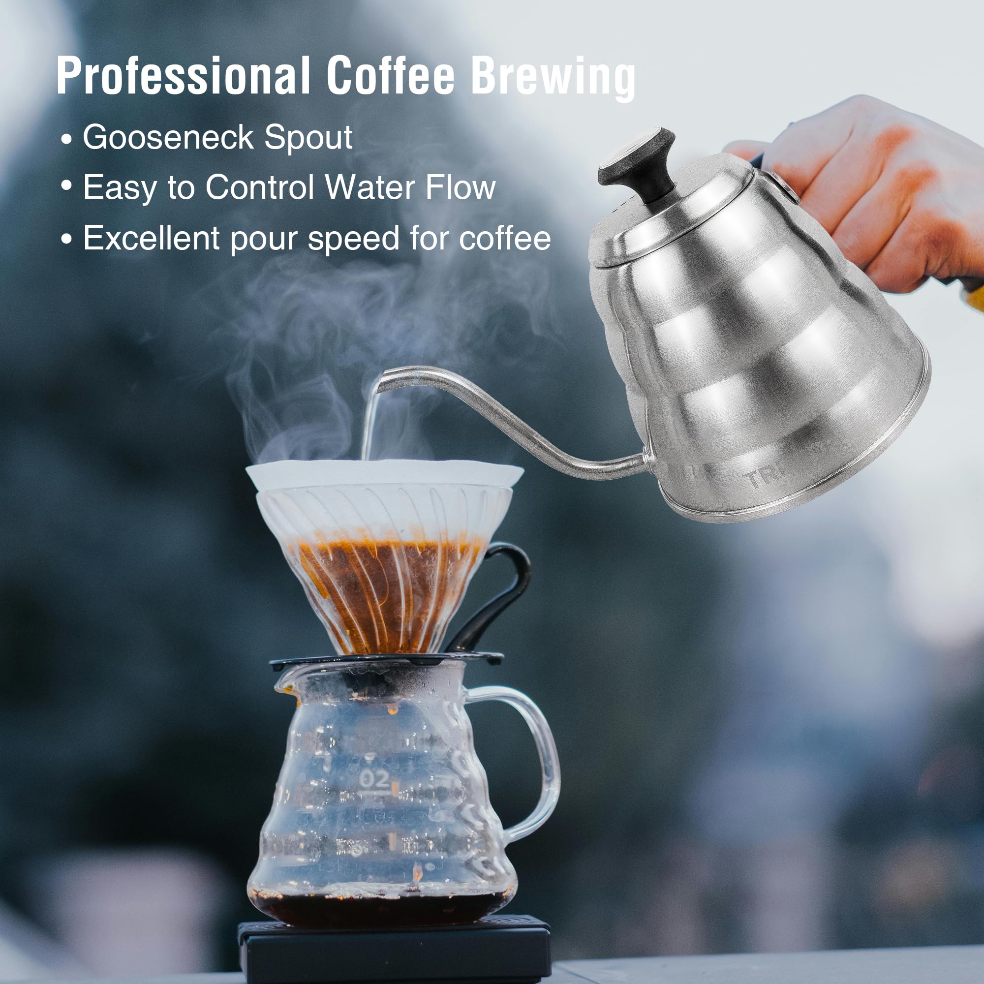 TRINIDa Gooseneck Kettle for Pour Over Coffee and Tea, 26 fl oz with Thermometer, Stainless Steel Triple Layer Bottom, Precision Pour Drip Spout, for all Stove Tops