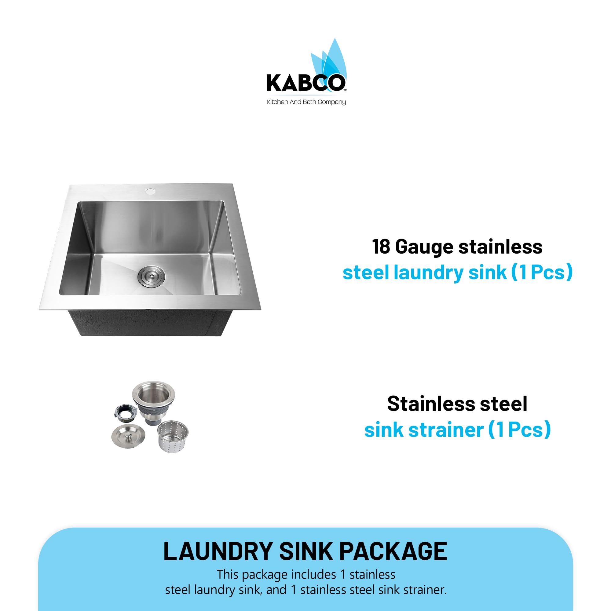 KABCO KLA01SS 25 Inch Wide 12 Inch Deep Commercial Sink 18 Gauge Undermount or Topmount Drop In Single Bowl Stainless Steel Laundry Utility Sink with Kitchen Sink Strainer 25x22x12 Inch