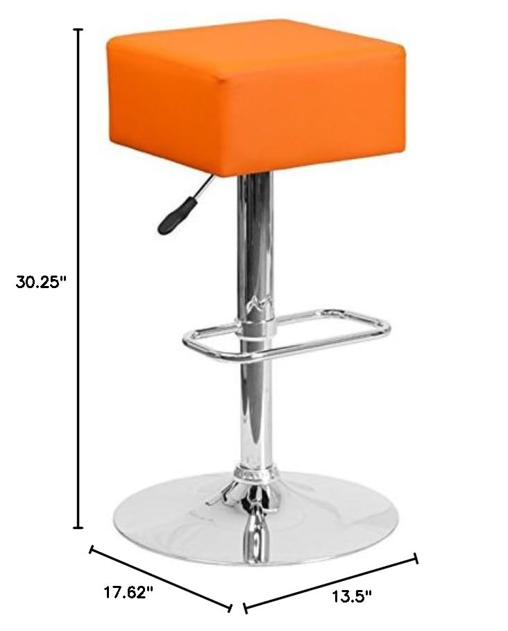 Flash Furniture Contemporary Orange Vinyl Adjustable Height Barstool with Square Seat and Chrome Base