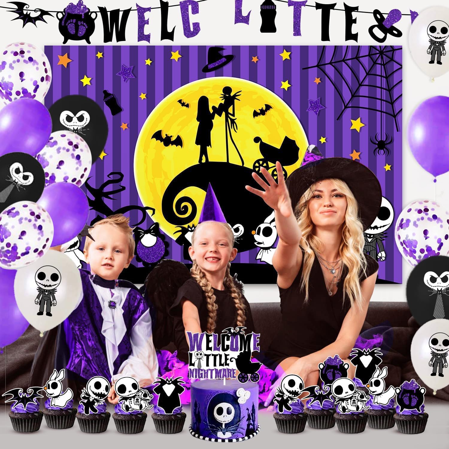 Nightmare Christmas Baby Shower Decorations, Welcome Little Night Before Halloween Birthday Party Decorations Includes Banner, Backdrop, Balloons,Cake Topper and Cupcake Toppers