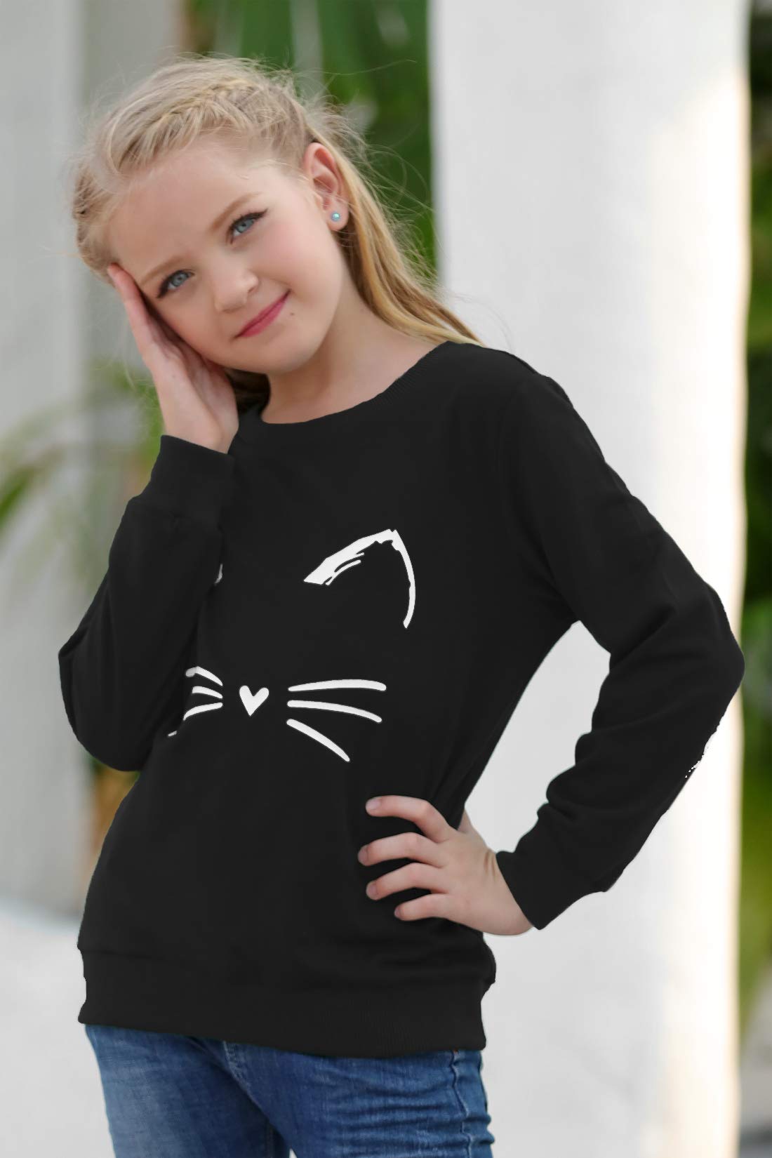 GORLYA Girl's Pullover Tops Cute Cartoon Graphic Print Sweatshirt Clothes for 4-14 Years Kids (GOR1059, 7-8Y, Black)