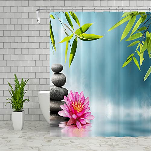 NYJSMYG Spa Shower Curtains Lotus Green Bamboo Leaf Flower and Basalt Stones Bathroom Polyester Fabric Decor Hanging Cloth Curtain Sets 70 x 70 Inch with Hooks
