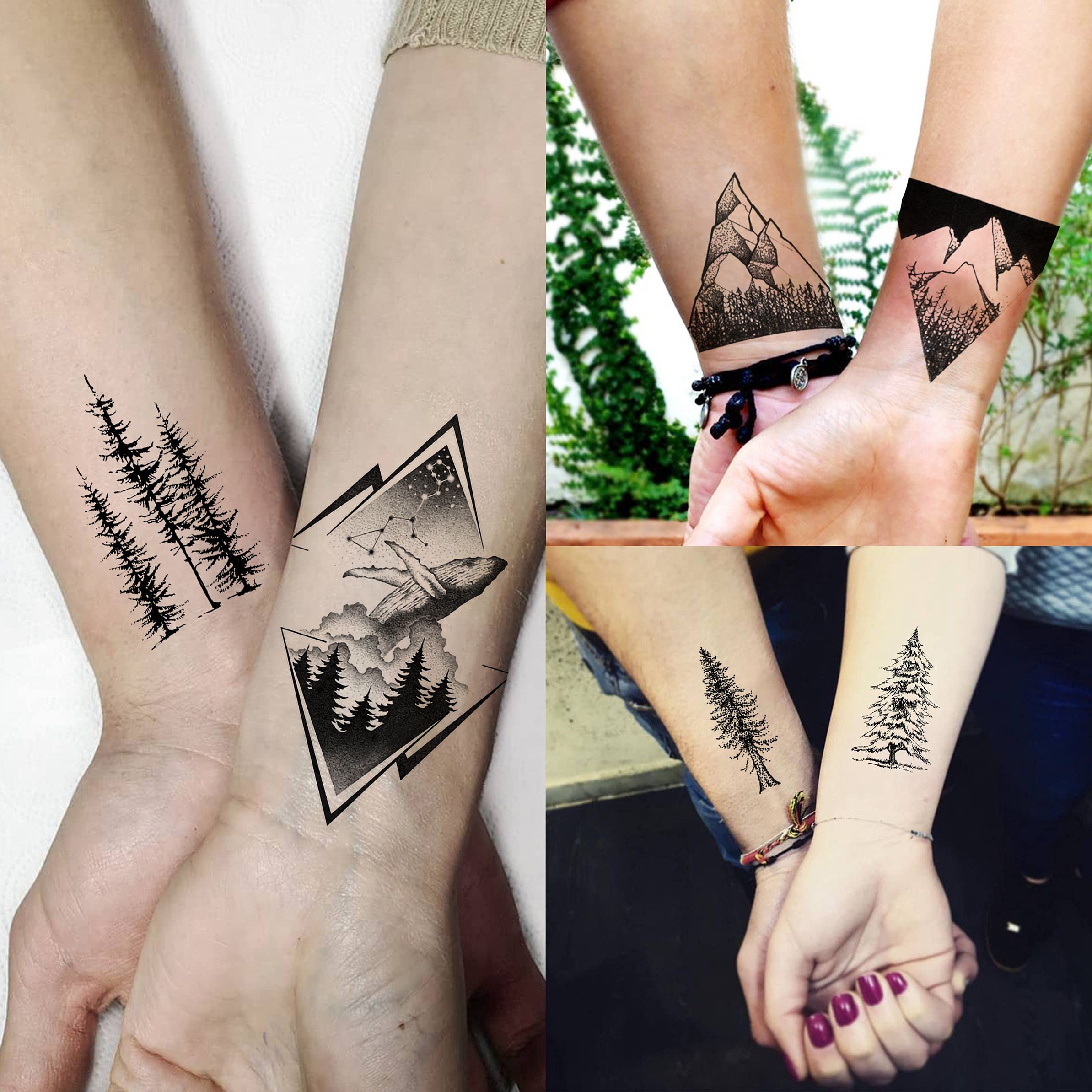 GOROMON 52 Sheets Small Black Mountain Temporary Tattoos For Men Women Adult, Geometric Sea Weave Forest Pine Tree Realistic Tattoo Sticker For Kids Children, Moon Sun Star Triangle Tatoos Outer Space
