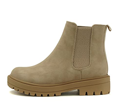 Soda Pilot ~ Women Lug Sole Low Heel Chelsea Fashion Ankle Bootie w/Double Elastic Gore (BEIGE, us_footwear_size_system, adult, women, numeric, medium, numeric_8_point_5)