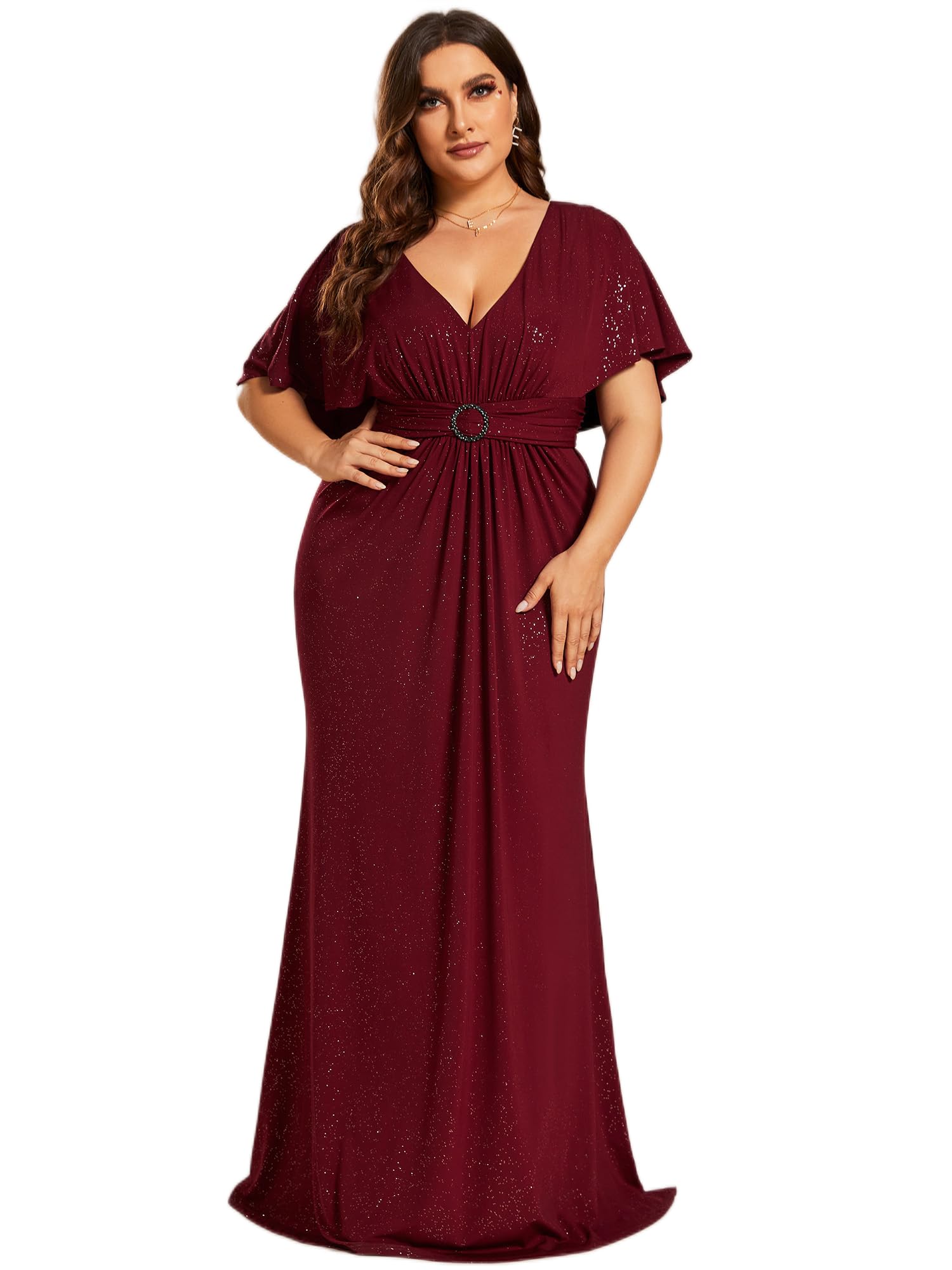 Ever-Pretty Plus Women's Glitter V-Neck Short Sleeve Plus Size Evening Formal Dress for Curvy Women Burgundy US18