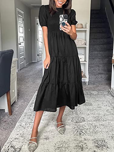 ZESICA Women's 2023 Casual Summer Crew Neck Short Puff Sleeve Smocked High Waist Ruffle Tiered A Line Midi Dress,Black,Medium