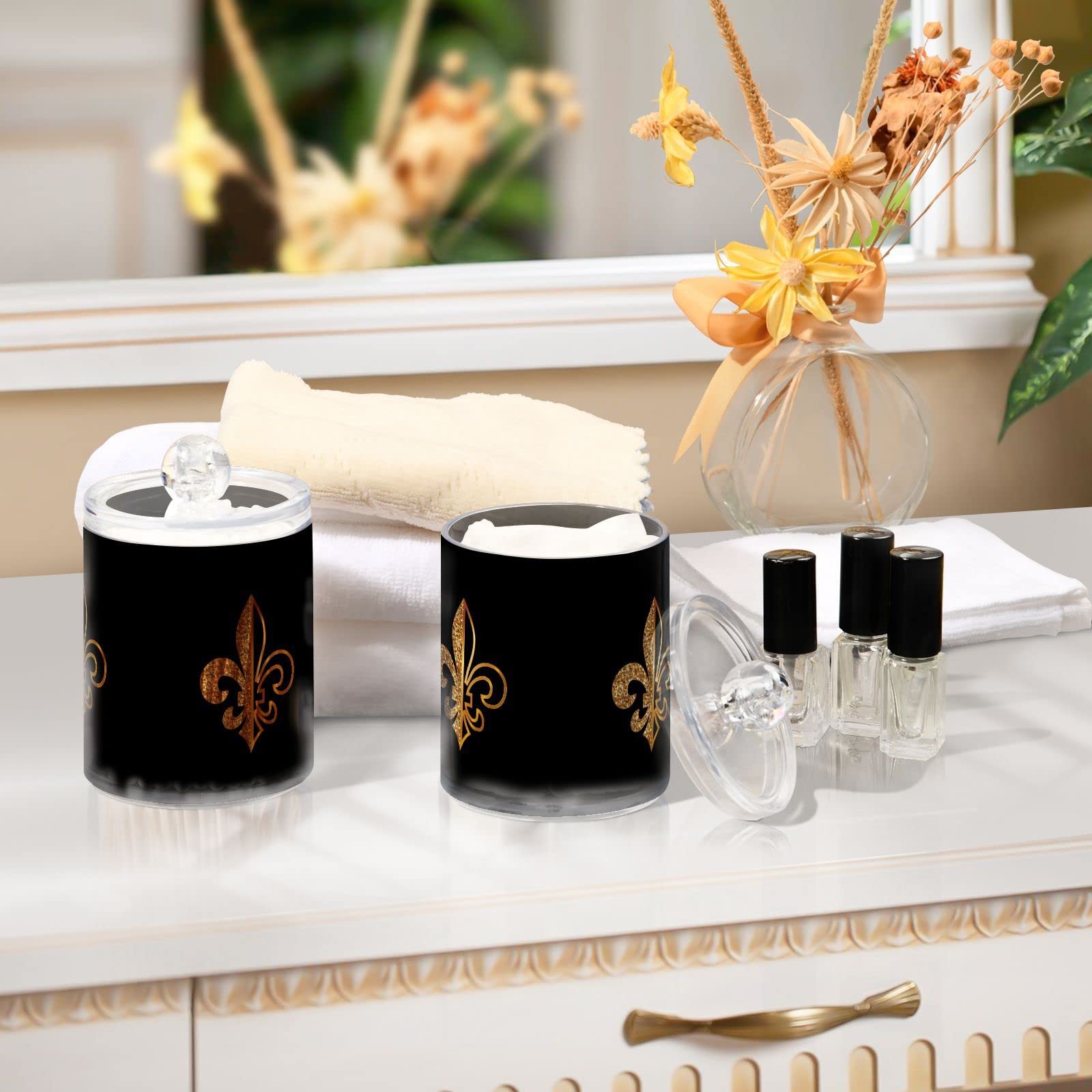 Quteprint 2 Pack Qtip Holder Dispenser, Gold Black Fleur De Lis Floral Clear Plastic Jar Bathroom Canister Storage for Cotton Swab, Cotton Ball, Floss Picks, Hair Clips, Makeup Sponges