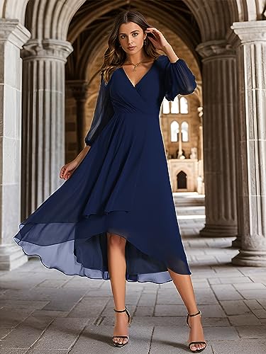 Ever-Pretty Women's Chiffon Spring V Neck Long Sleeves Pleated A-Line Midi Length Wedding Guest Dress Navy Blue US12