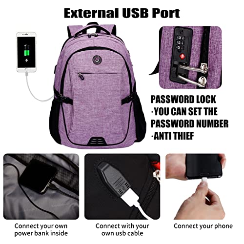 SHRRADOO Anti Theft Laptop Backpack Travel Backpacks with usb Charging Port for Women Men College Backpack Computer Bag Fits 17 Inch Laptop,Purple