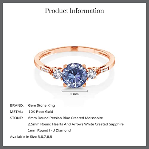 Gem Stone King 10K Rose Gold 6MM Round Gemstone Birthstone White Created Sapphire and White Diamond Accent 3-Stone Engagement Ring | Three-Stone Wedding Anniversary Promise Ring For Women
