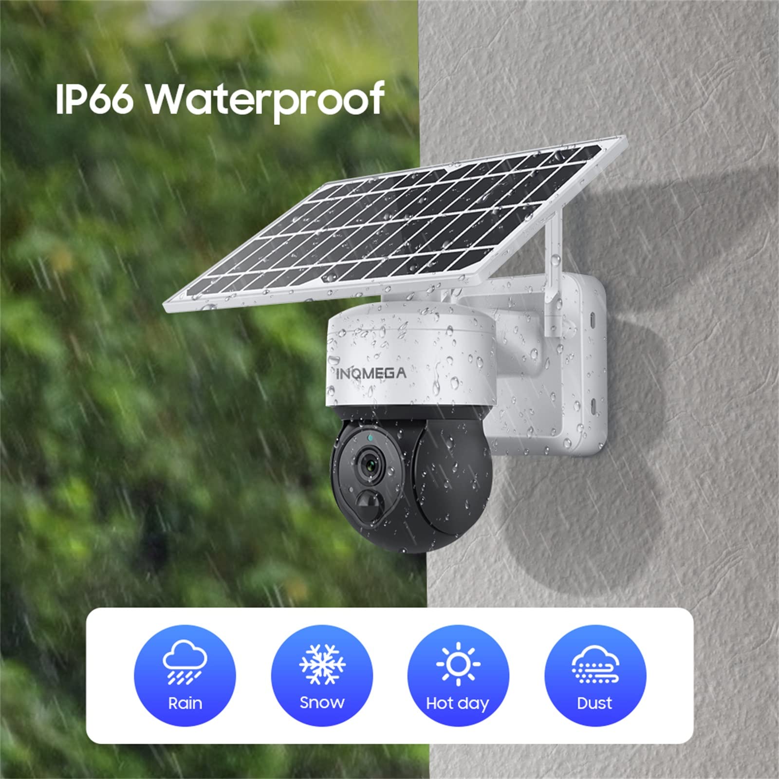 INQMEGA Solar Security Camera Outdoor, 360° PTZ WiFi Wireless Security Camera with 3MP UHD Night Vision, PIR Motion Detection and Siren,IP66 Waterproof,Two-Way Audio,SD/Cloud