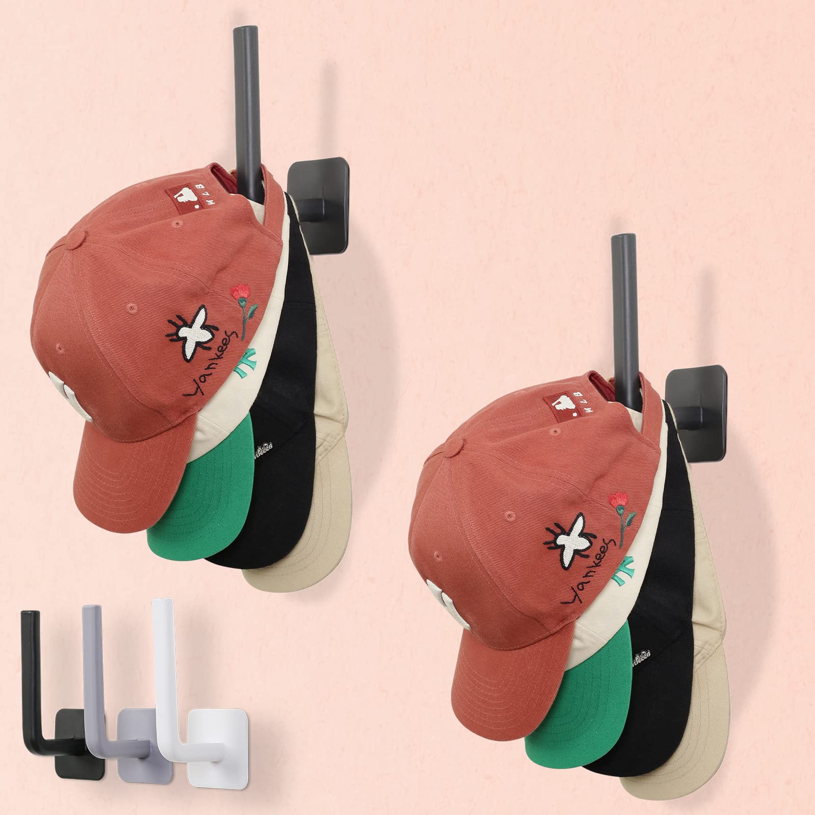 Funnacle Hat Rack for Baseball Caps Adhesive Hat Hooks for Wall, Hat Hanger Storage Baseball Cap Organizer, No Drilling Strong Hat Holder for Door, Closet, Bedroom,Office(Black, 2 Pack)