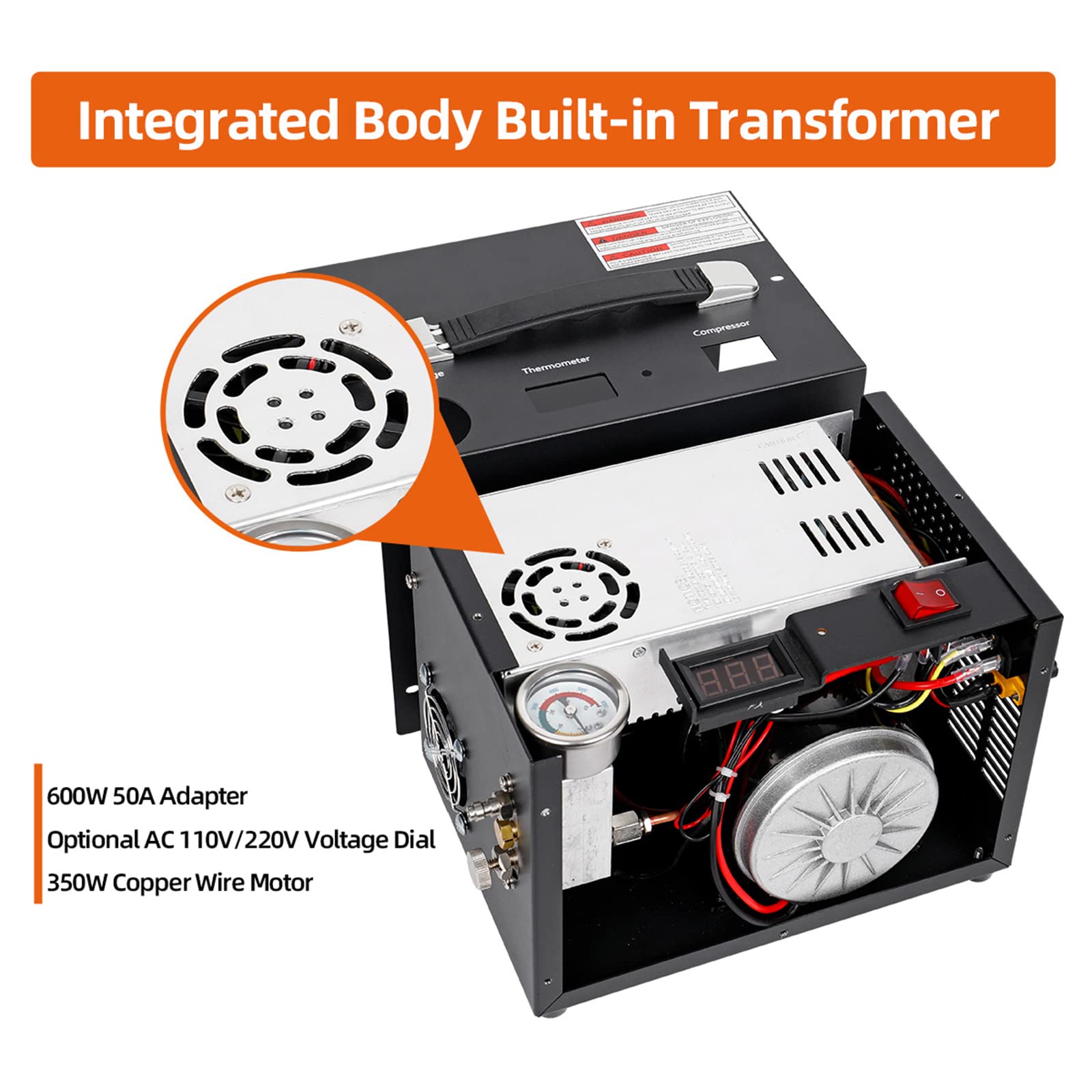 PCP Air Compressor,Built-in Power Converter,Oil/Water-Free, 4500Psi/30Mpa, 12V DC or Home 110V AC, for Paintball/PCP Air Rifle/Tank