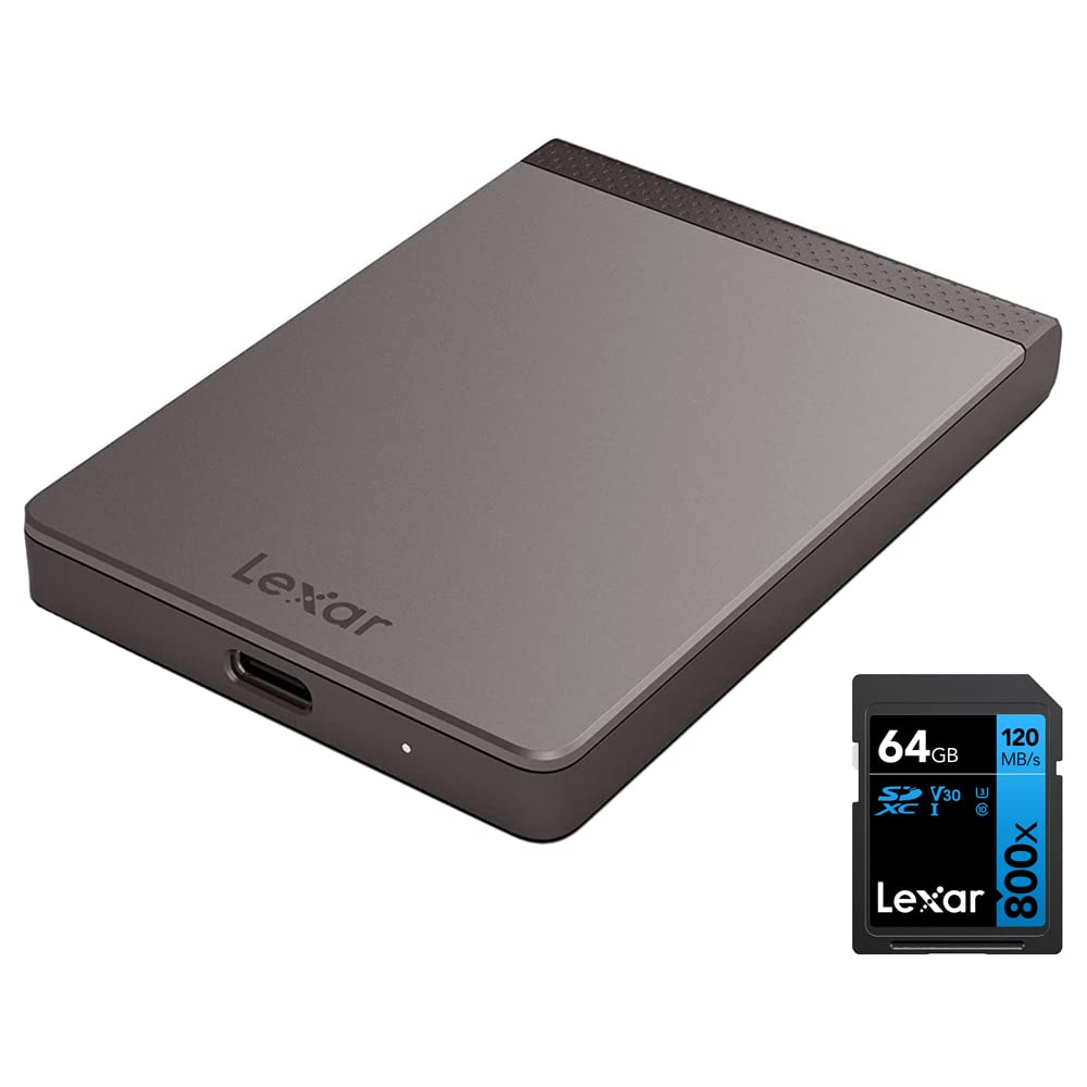 Lexar LSL200X512G-RNNNU SL200 512GB Portable SSD, Solid State Drive Bundle 64GB High-Performance 800x UHS-I SDHC Memory Card
