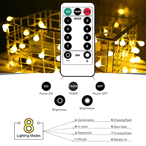 Liyade Globe String Lights, 33ft 100 LED Battery Operated String Lights with Remote and Timer Function, Indoor Outdoor Decorative Lights for Bedroom Christmas Decor Garden Party Wedding, Warm White