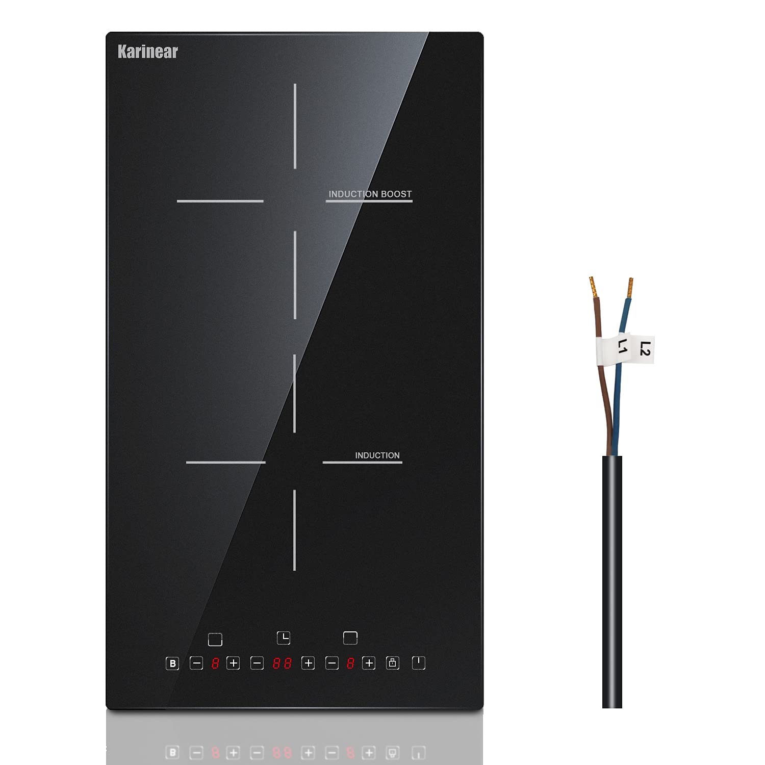 Karinear 12 Inch Induction Cooktop 2 Burner Drop In Electric Cooktop, Induction Stove Top Ceramic Glass with Booster, Child Lock, Timer, Pause function, 220-240V, 3500W, Hard Wire(No Plug)