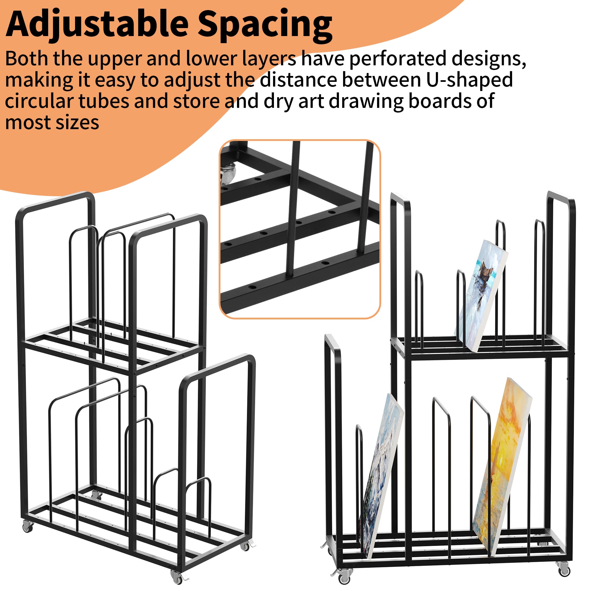 lukar Metal Art Storage Rack with Caster Wheels, 2 Tier Art Canvas Storage Rack, Large Artwork Storage Stand Canvas Organizer Art Drying Rack for Painting, Canvas, Artwork, Panels, Galleries
