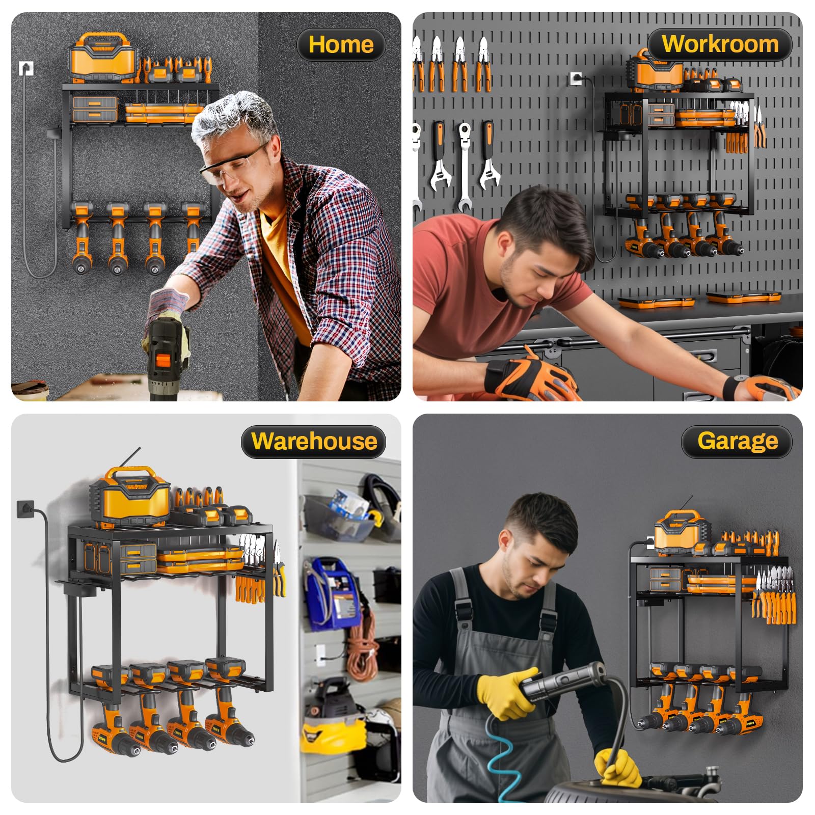 Power Tool Organizer Wall Mount, 3 Layers Drill Holder With Charging Station, Heavy Duty Garage Tool Storage,Utility Racks Shelf for Tool Batteries, Screwdriver, Wrench