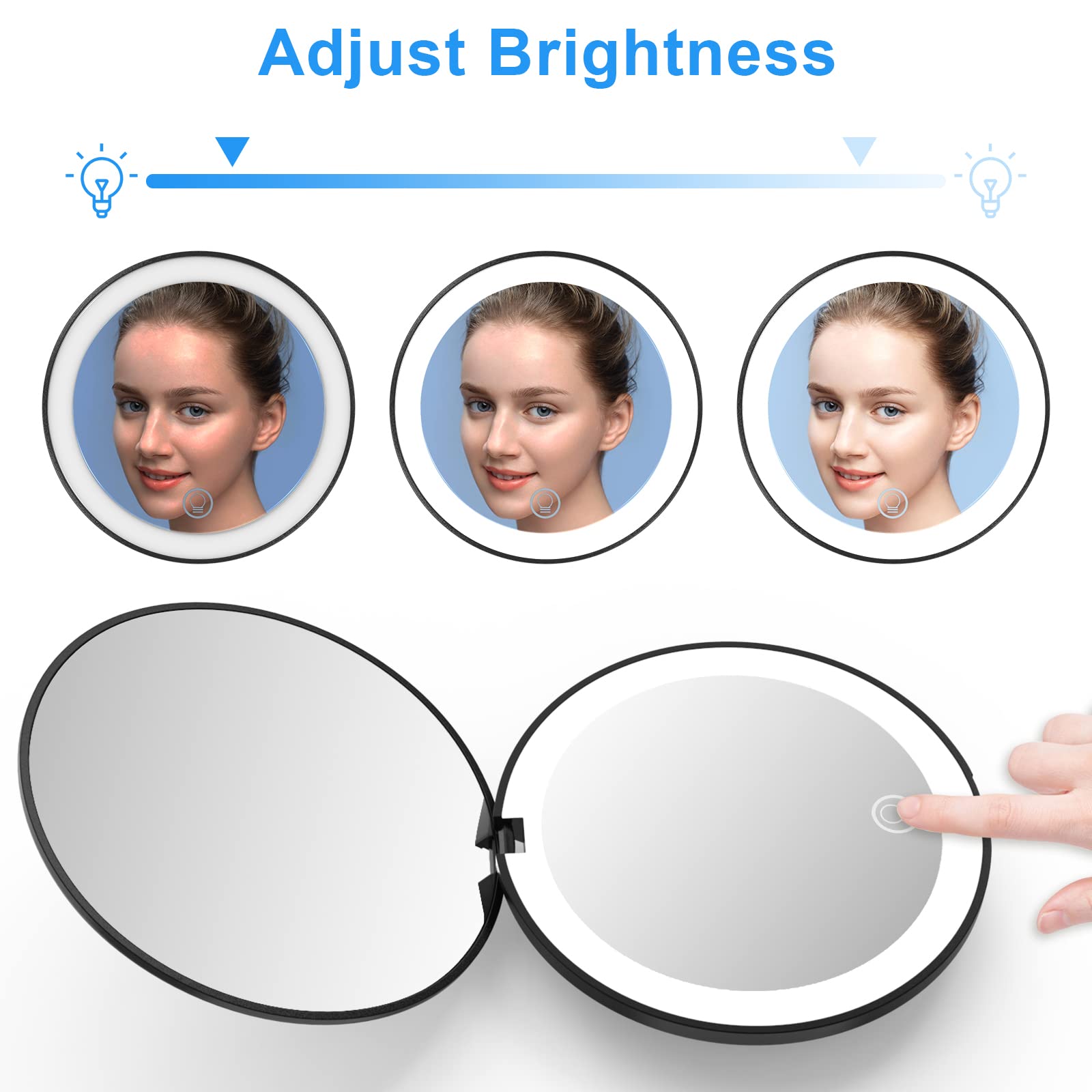 Hensam Touch Dimmable Pocket Mirror,1X/10X Magnification, LED Lighted Compact Mirror,Rechargable,2-Sided,Handheld,Travel Makeup Mirror,3.5in,Black