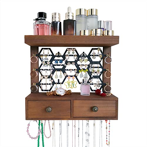 Wall Mounted Hanging Jewelry Organizer with 2 Big Storage Wooden Drawers + Honeycomb Earring Holder. Jewelry Stand with 2-layer Shelves +18 Necklace Hooks Display Bracelet, Ear Studs, Ring. Girl Gift