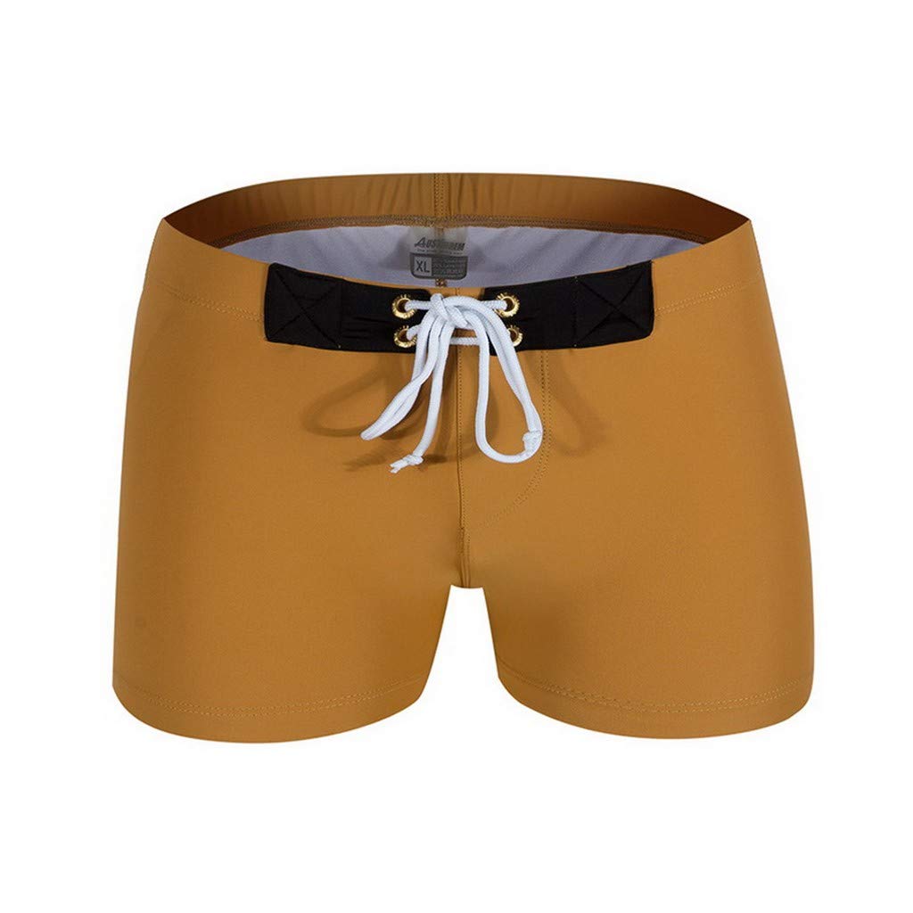 FDSD Man Swimsuit Men's Swim Trunk Solid Color Drawstring Quick Dry Low-Rise Sexy Soft Summer Shorts (XL, Khaki)