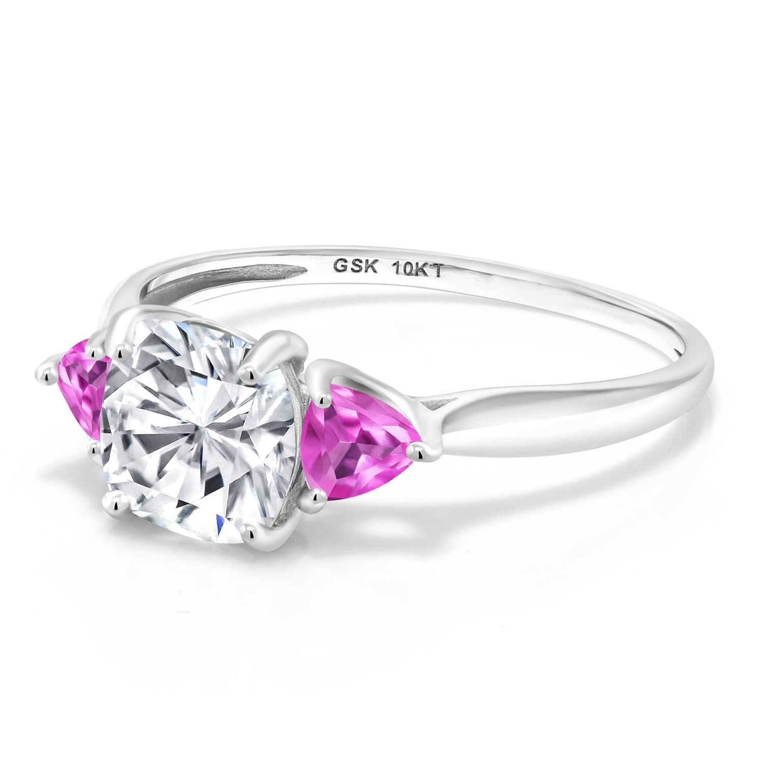 Gem Stone King 10K White Gold White Moissanite and Pink Created Sapphire 3-Stone Engagement Ring For Women (2.30 Cttw, 7MM Cushion and 4MM Trillion, Available In Size 5, 6, 7, 8, 9)