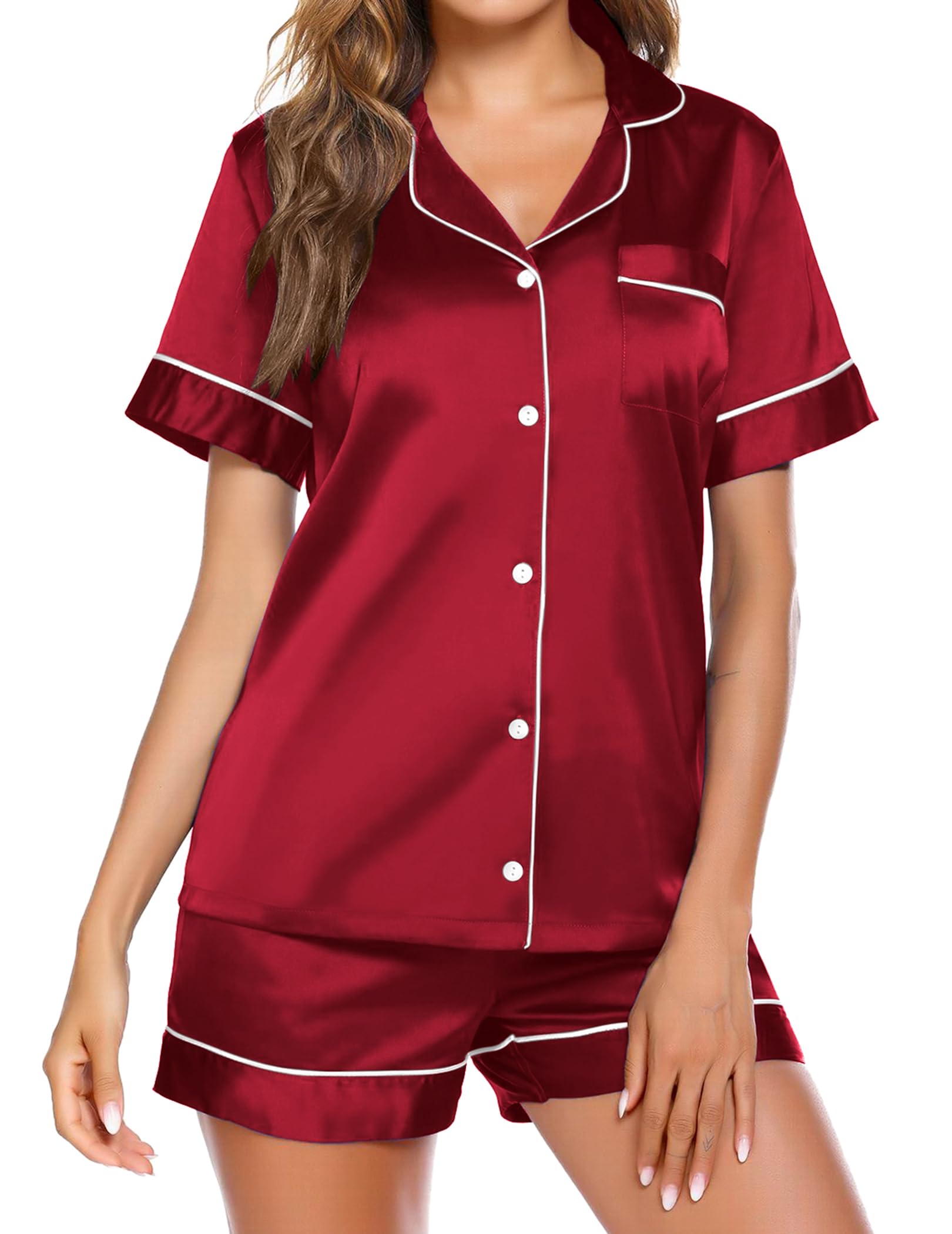 Ekouaer Satin Pajamas for Women Button Down Sleepwear Soft Silk Loungewear Short Sleeve Top and Shorts Pjs Wine,Large