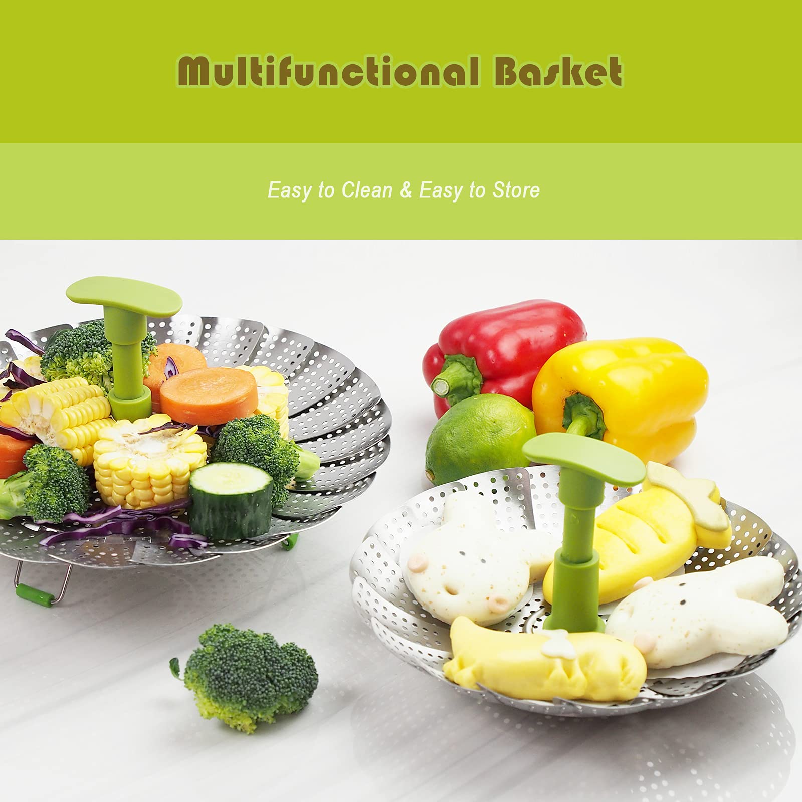 Vegetable Steamer Basket, Stainless Steel Folding Steamer with Extending Removable Center Handle Insert for Veggie Seafood Cooking to Fit Various Size Pot(5.1" to 9")