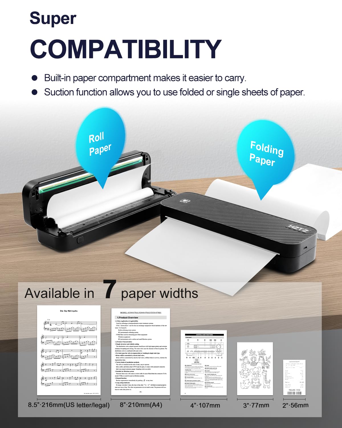 SLCZCZ Portable Printer for Travel, Bluetooth Thermal Printer, Inkless Printing Support 8.5"X11" US Letter/A4/A5 Thermal Paper, Compatible with Android & iOS Phone/Laptop with 1 Roll 210mm Paper
