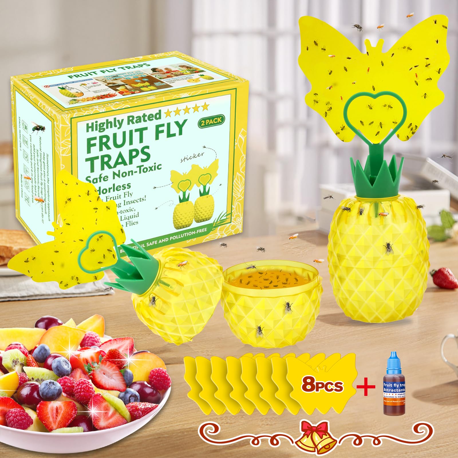 Fruit Fly Trap with Sticker, 2023 Upgrade Effective Fly Catcher Gnat Traps for House Indoor, Safe Non-Toxic Reusable Fruit Fly Gnat Killer with Fruit Fly Attractant for Home, Plant, Kitchen (2 Pack)