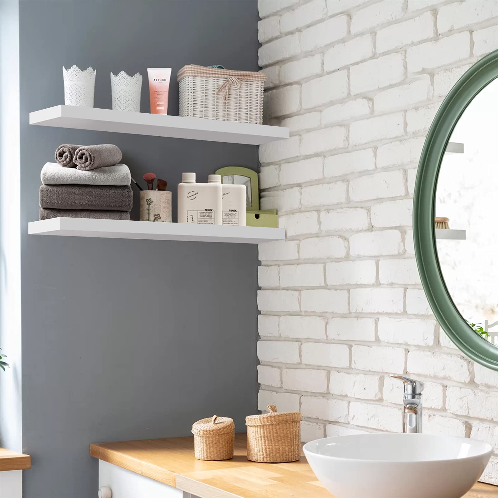 White Floating Shelves Set of 3,Wall Mounted Modern Wood White Floating Wall Shelves Storage Shelf for for Wall Decor, Bedroom, Living Room, Kitchen,Bathroom(White, Set of 3, 17in)