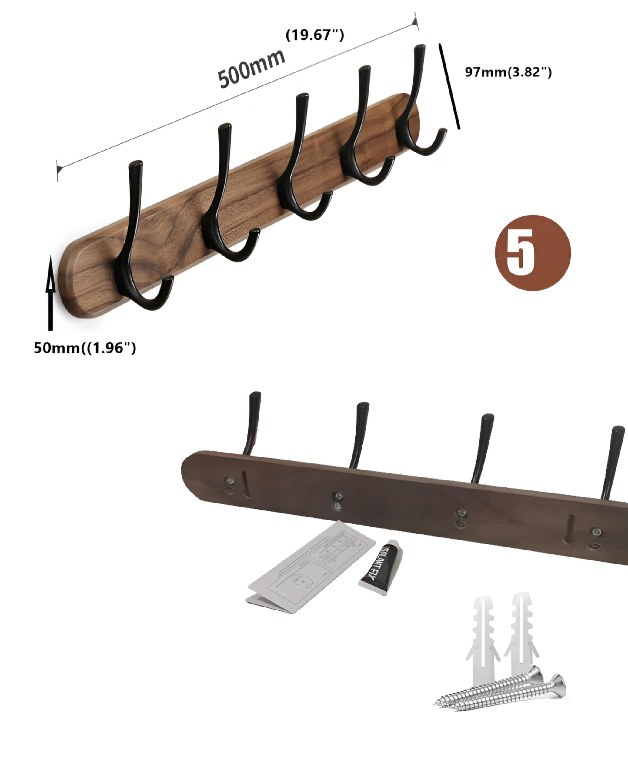 Nolbiph Walnut Wood Coat Rack Wall Mounted with Waterproof Zinc Alloy Hooks - Heavy Duty Dual Hooks for Hanging Coats, Hats, Bags, Towels and Bathroom Storage Hooks - Wall Hangers(4 Hooks)