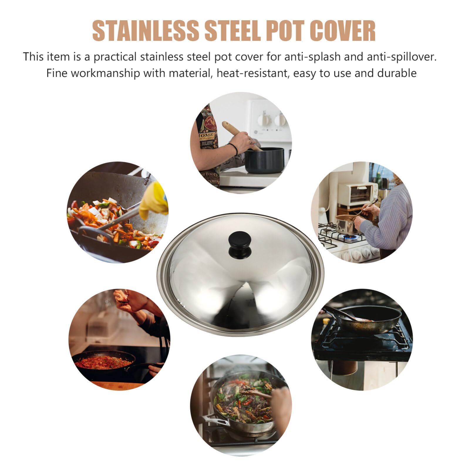 Housoutil Baking Dish Stainless Steel Wok Lid 34cm/ 13. 5inch, Wok Cover with Glass Insert and Knob, Griddle Basting Cover Cooking Pot Lid with Random Style Lid Handle for Asian Cooking