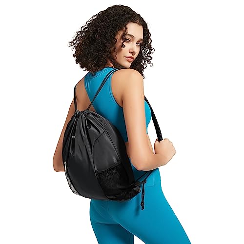 WANDF Drawstring Backpack with Shoulder Pad Sports Gym Backpack with Mesh Pocket String Bag for Women Men(Black)